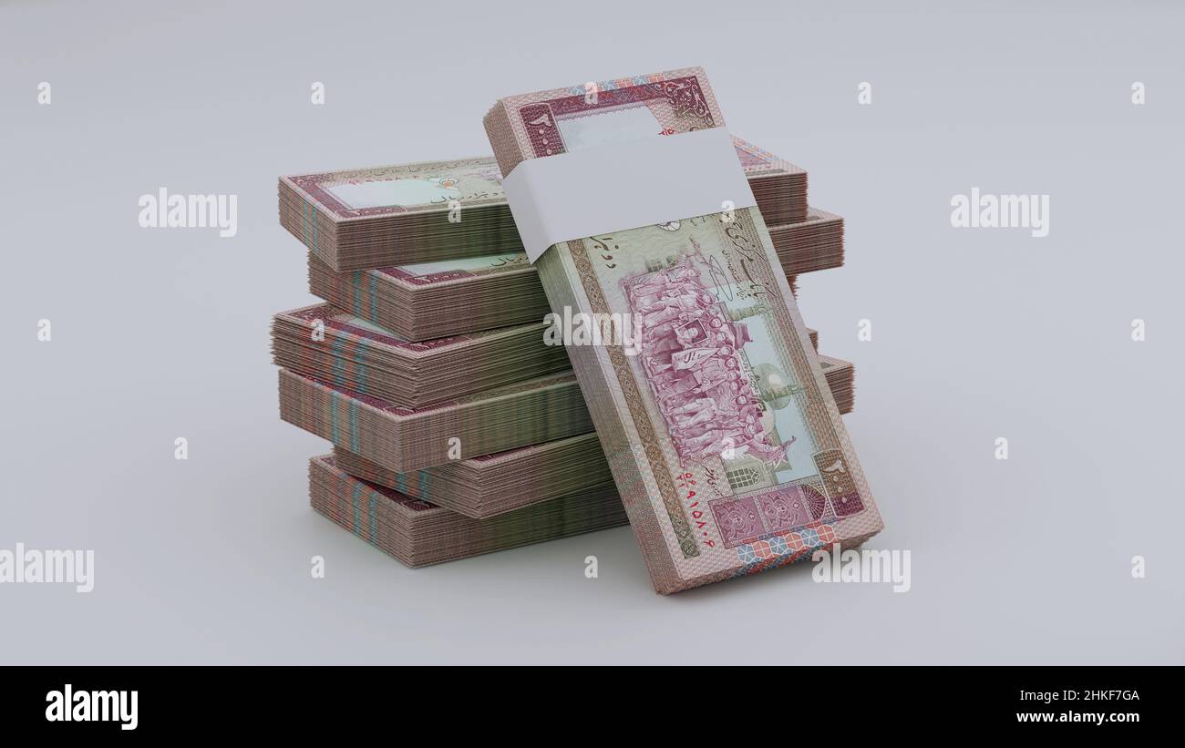 Iranian Rial 2000 Currency Notes Bundles - 3D Illustration on White ...
