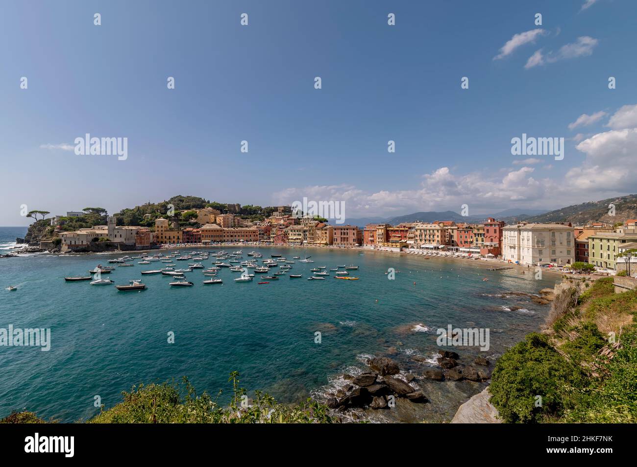 Aerial view of the gulf of Sestri Levante, Italy, known as the bay of ...