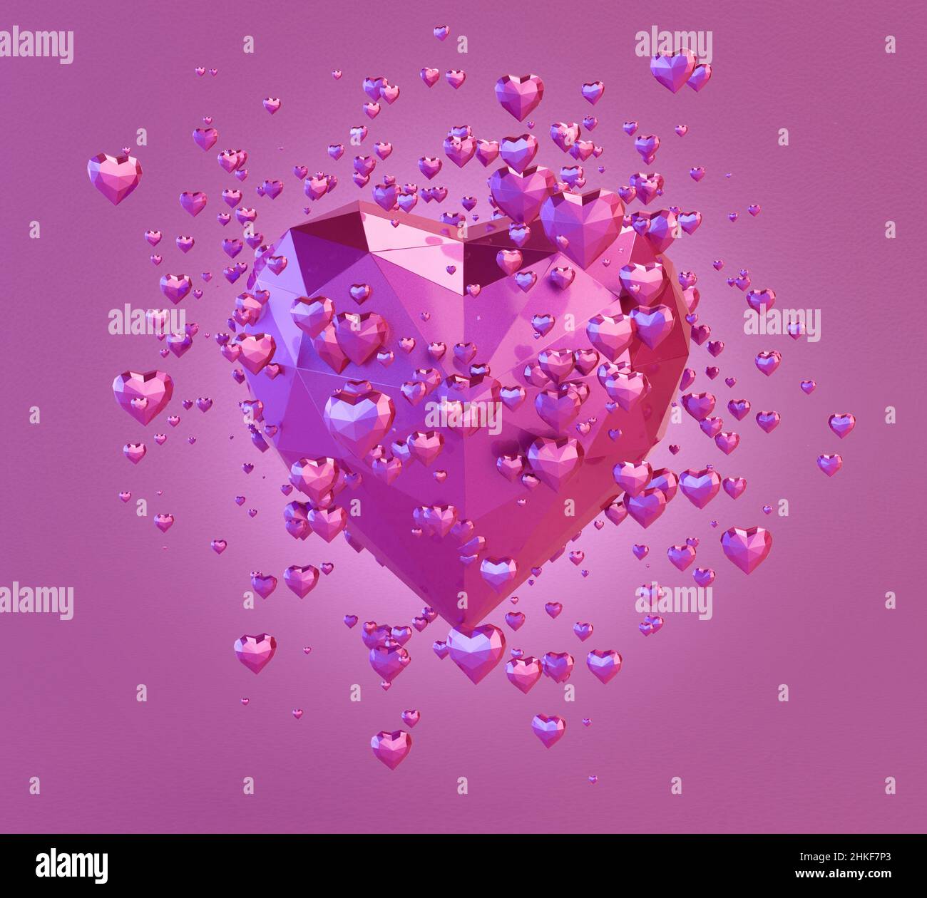 A collection of low poly angular pink heart shapes surrounding a larger ...
