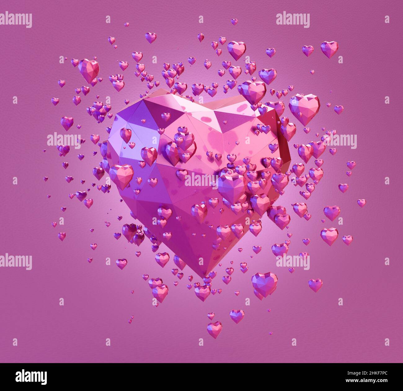 A collection of low poly angular pink heart shapes surrounding a larger ...