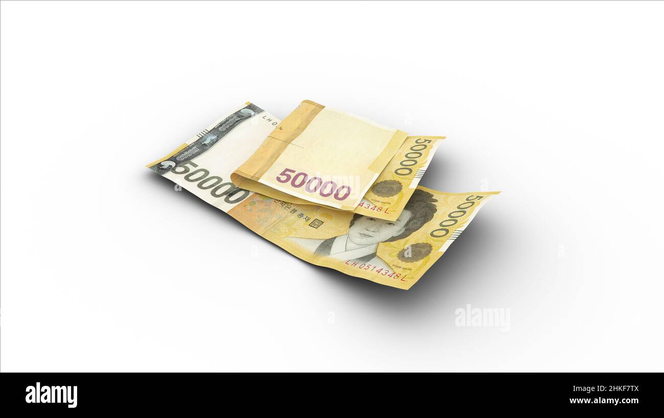 3D rendering of Double 50000 Korean won notes with shadows on white ...