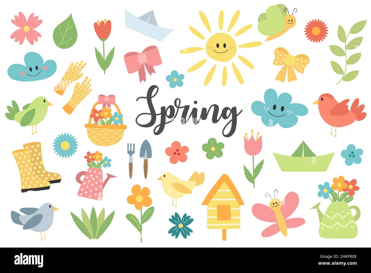 Collection of hand drawn spring items for bright design isolated on ...