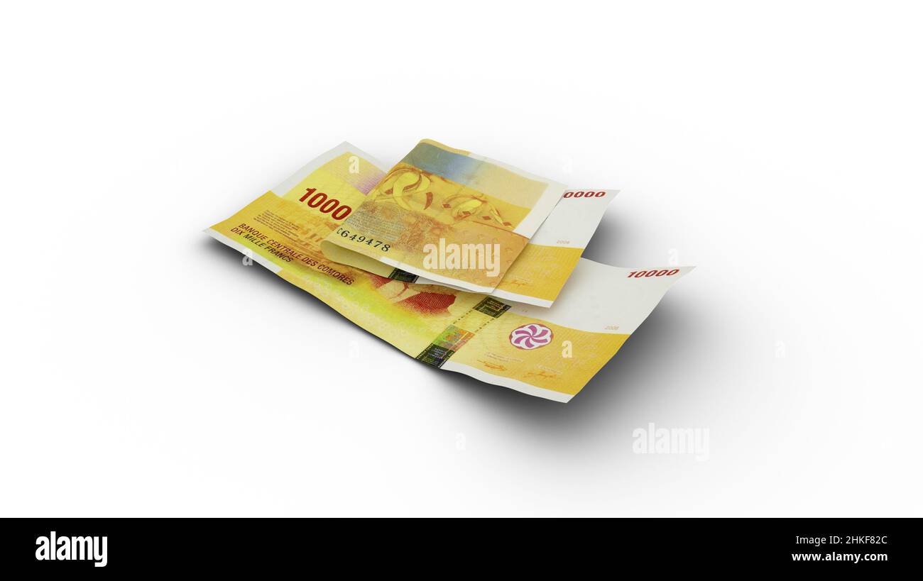 3D rendering of Double 10000 Comorian franc notes with shadows on white ...