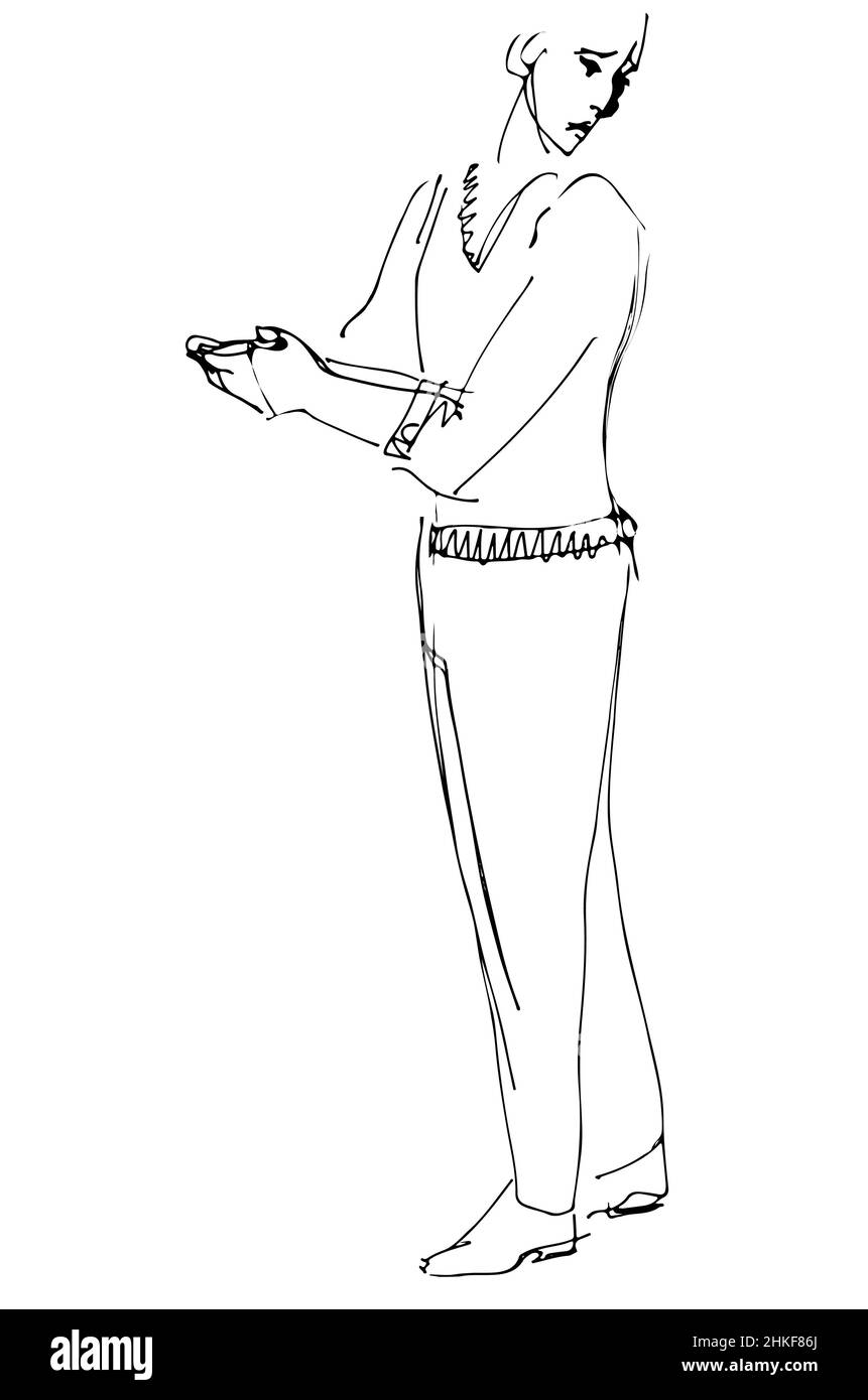 black and white vector sketch of a man looking back over his shoulder ...