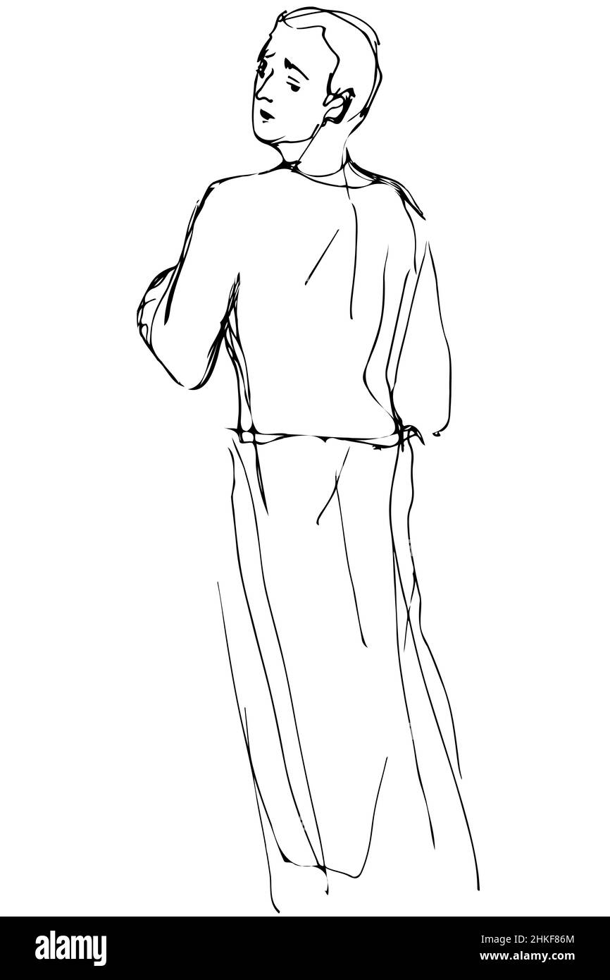 black and white vector sketch of a man looking back over his shoulder ...