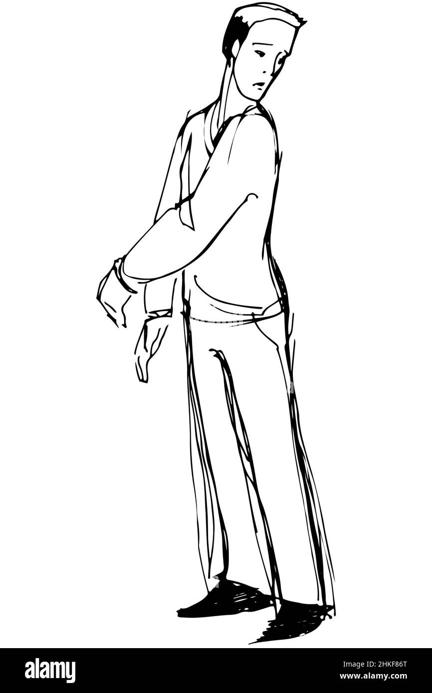 black and white vector sketch of a man looking back over his shoulder ...