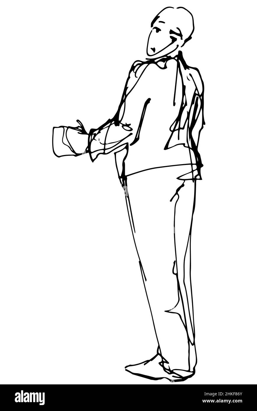 black and white vector sketch of a man looking back over his shoulder ...