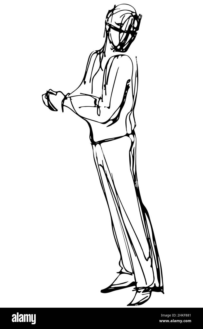 black and white vector sketch of a man looking back over his shoulder ...