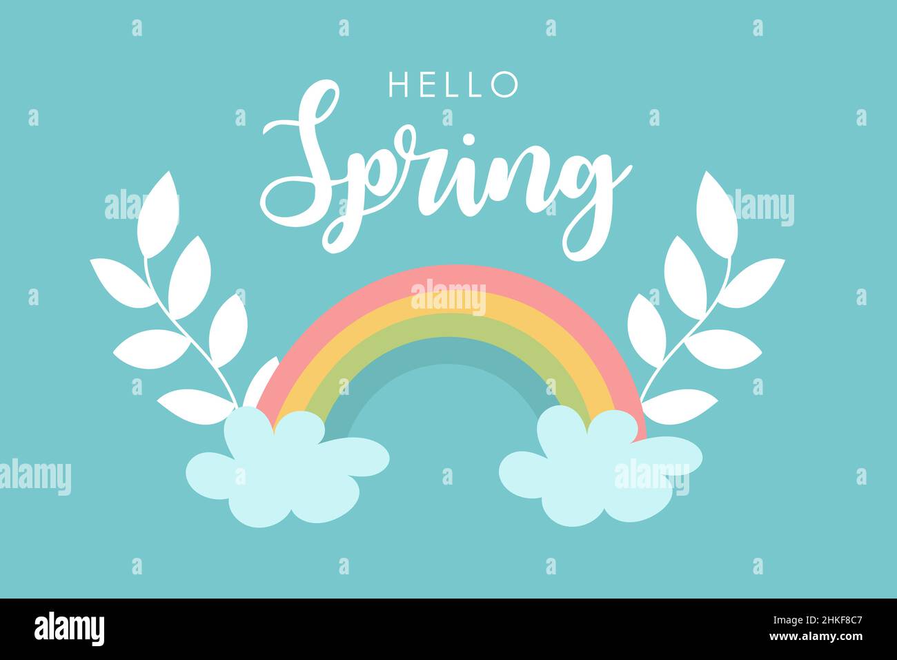Hello spring card design. Rainbow on blue sky. Bright hand drawn ...
