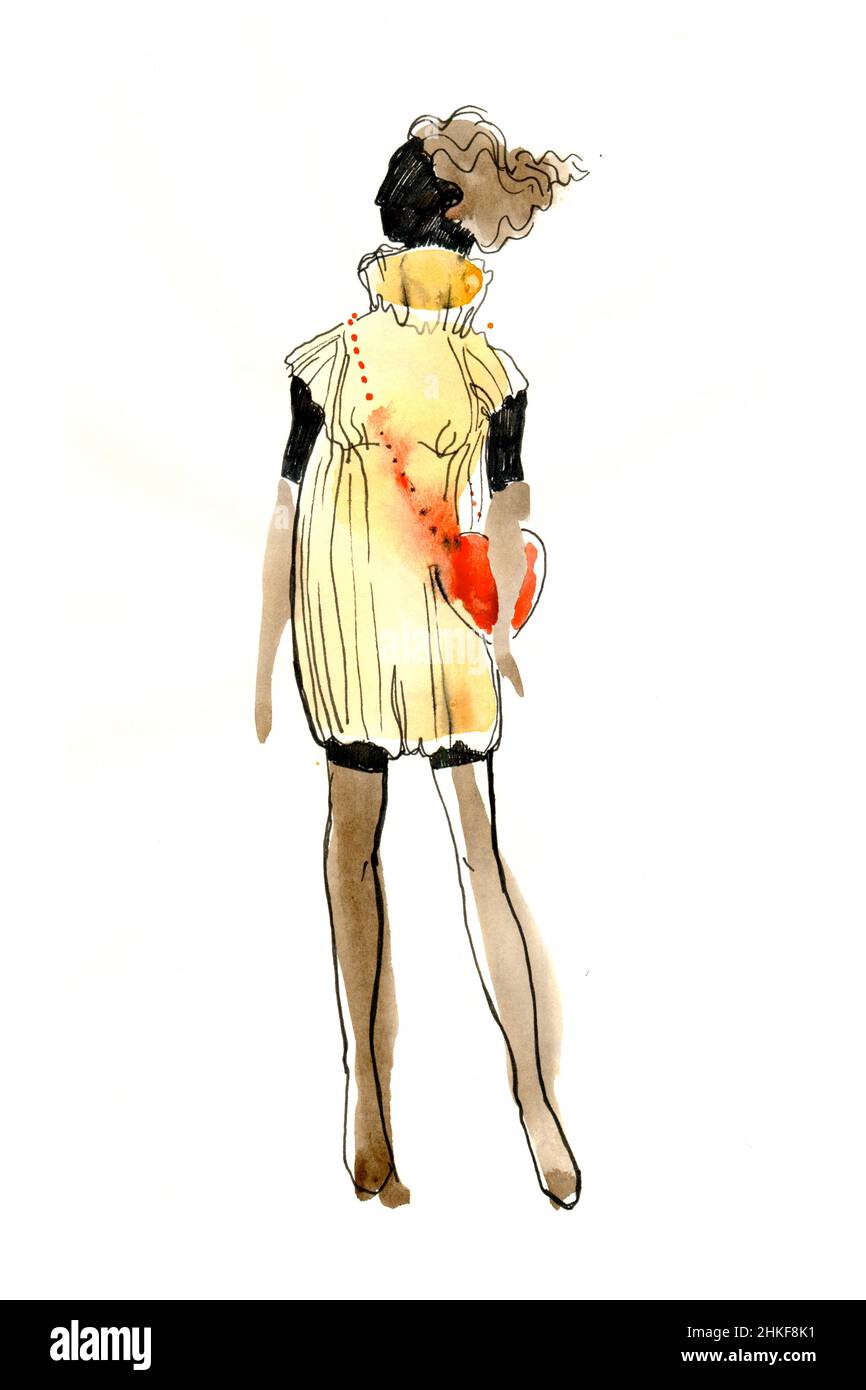 watercolor drawing of a young woman in yellow Stock Photo - Alamy