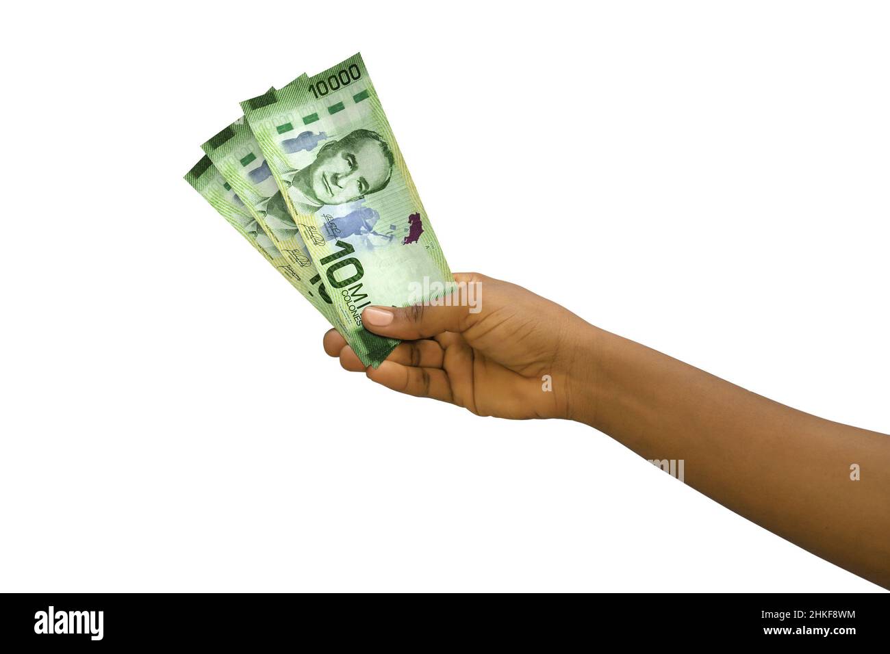 Fair hand holding 3D rendered 10000 Costa rican colon notes isolated on ...