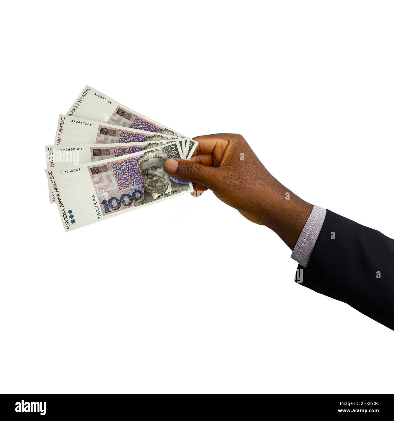Black Hand with suit holding 3D rendered 1000 Croatian Kuna notes ...