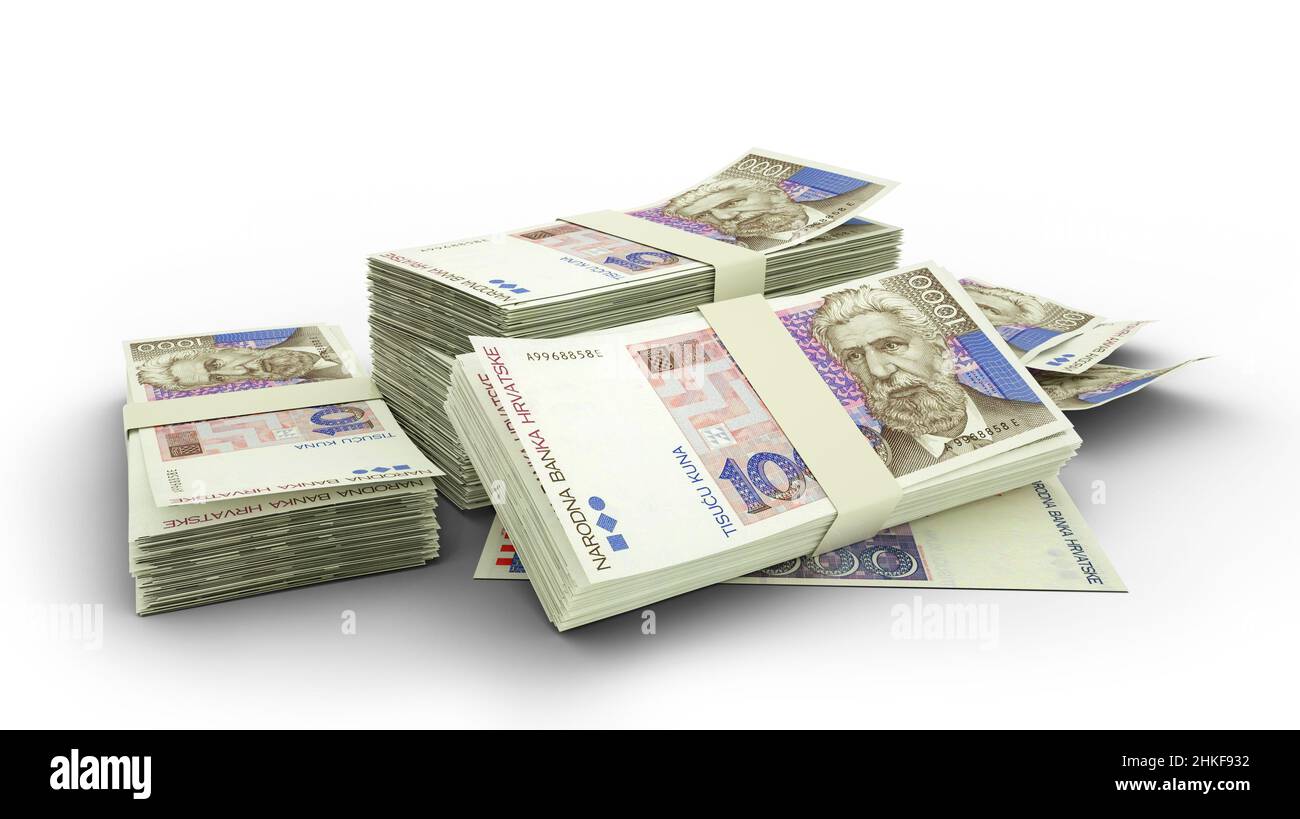 3D stack of Croatian 1000 Kuna notes isolated on white background ...