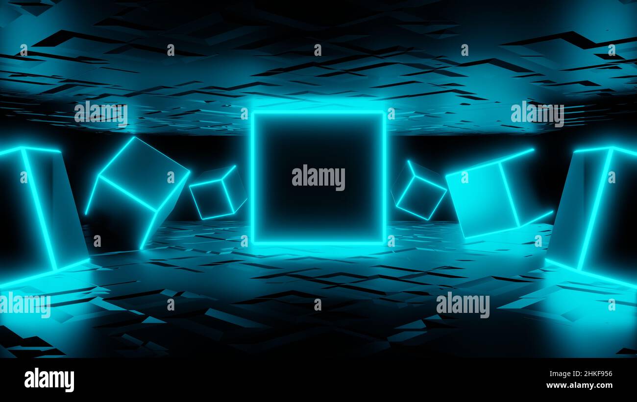 3d render, abstract fashion background, blue glowing neon cubes ...