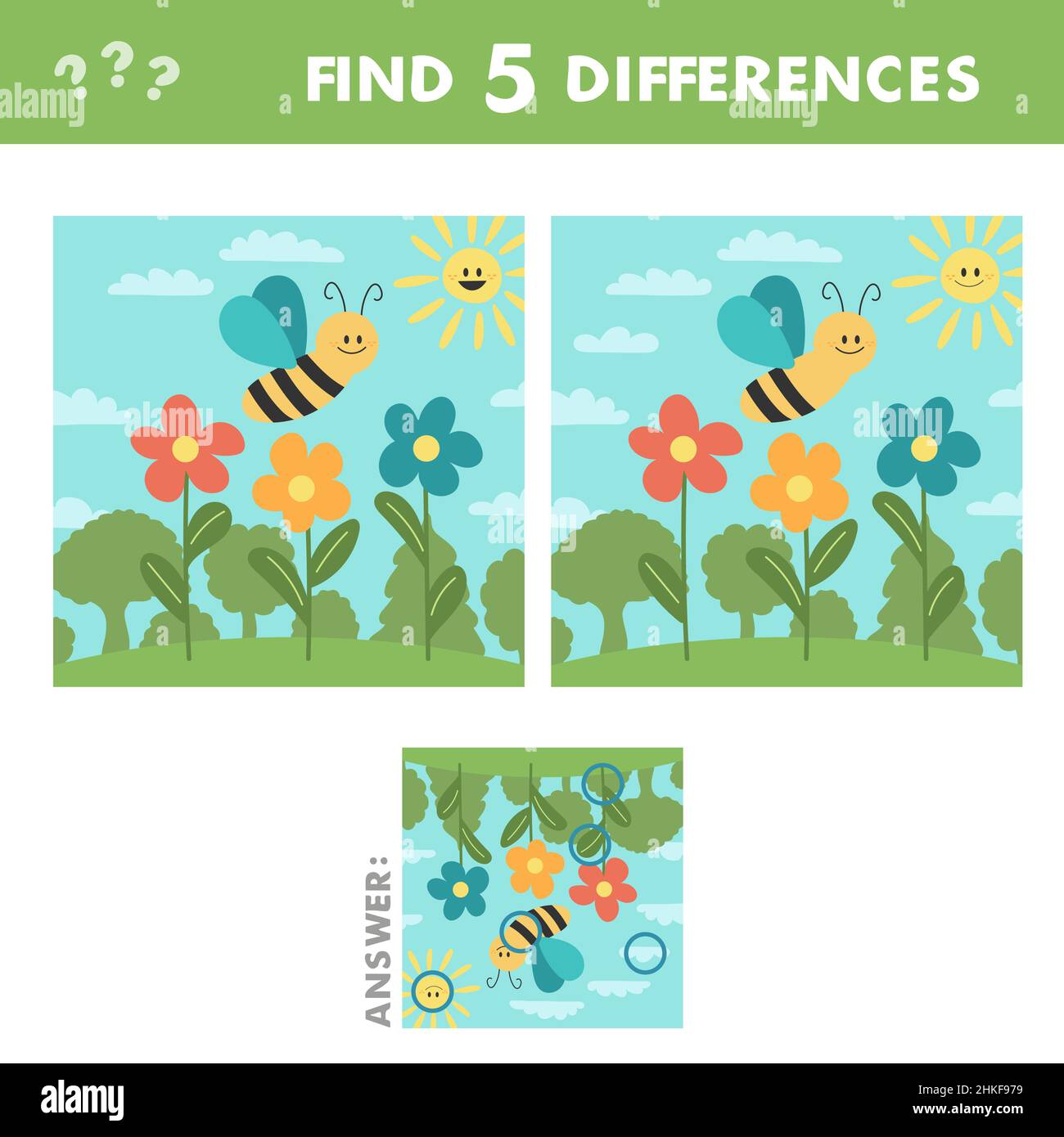 Educational game for children. Find 5 differences. Cute bee with ...