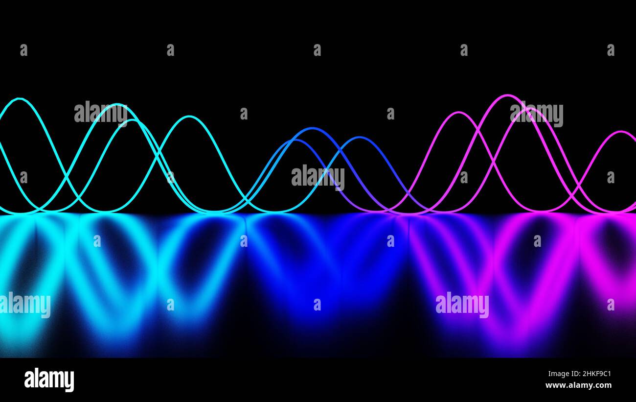 3d render. Abstract neon background sound waves glowing in ultraviolet ...