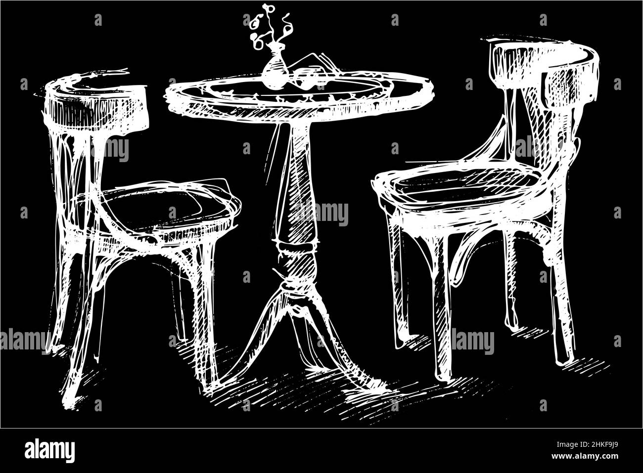 black and white vector sketch of a round wooden table and two chairs in ...