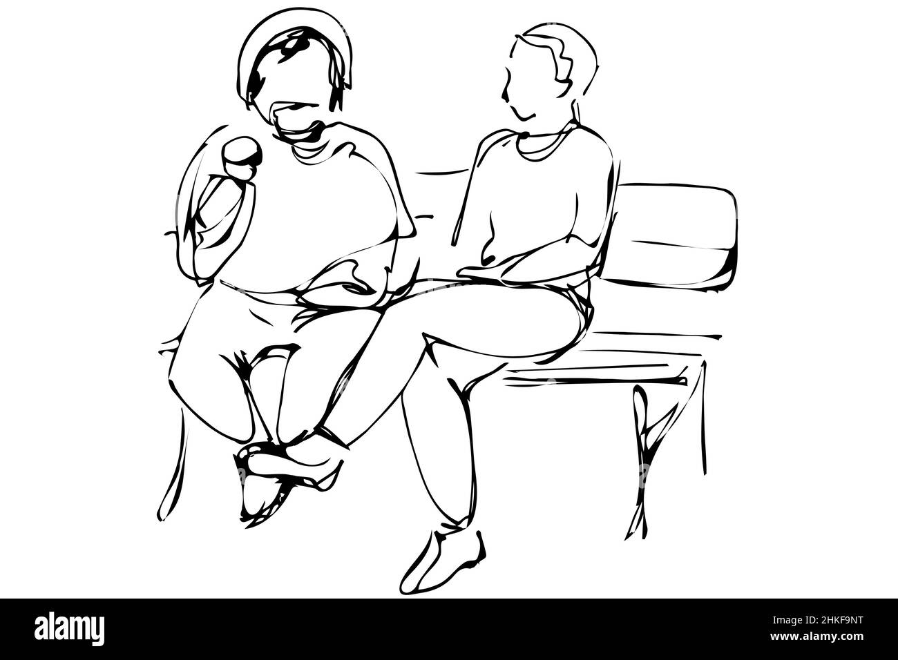 Black and white vector sketch two men sit on a park bench Stock Photo ...