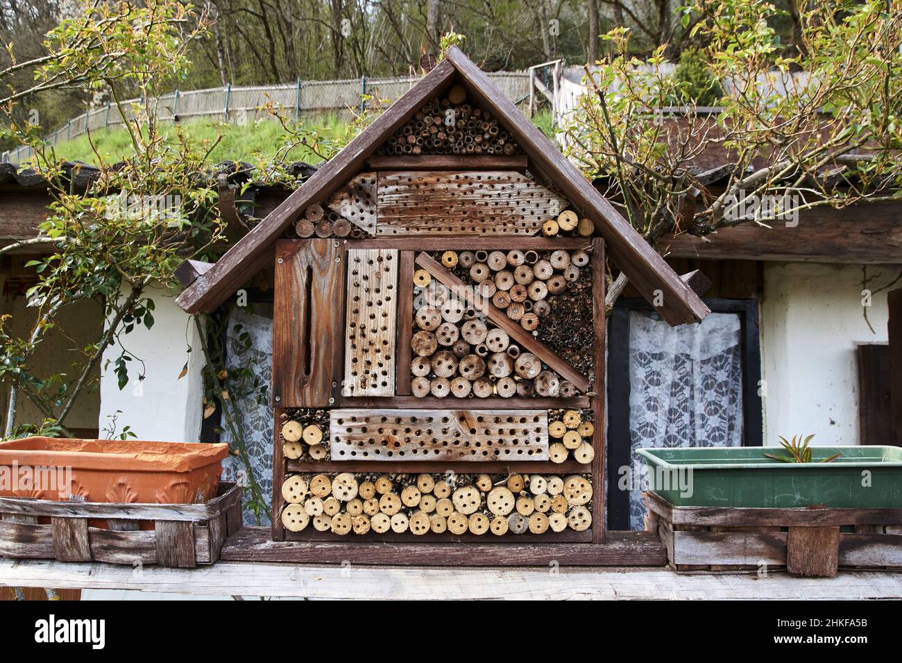 View to an insect house in the garden, protection for insects, named ...