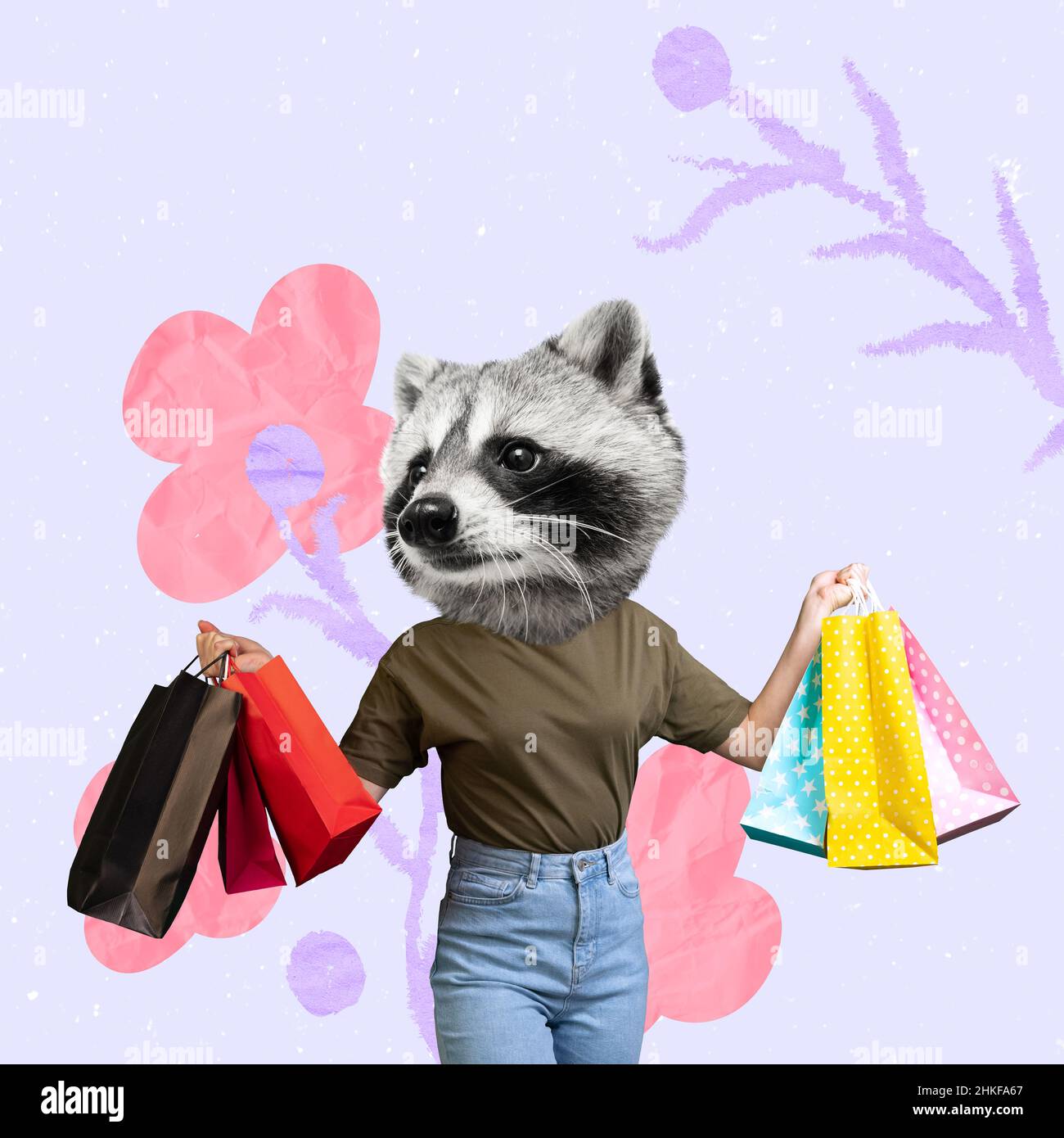 Contemporary art collage. Female with raccoon head holding many ...