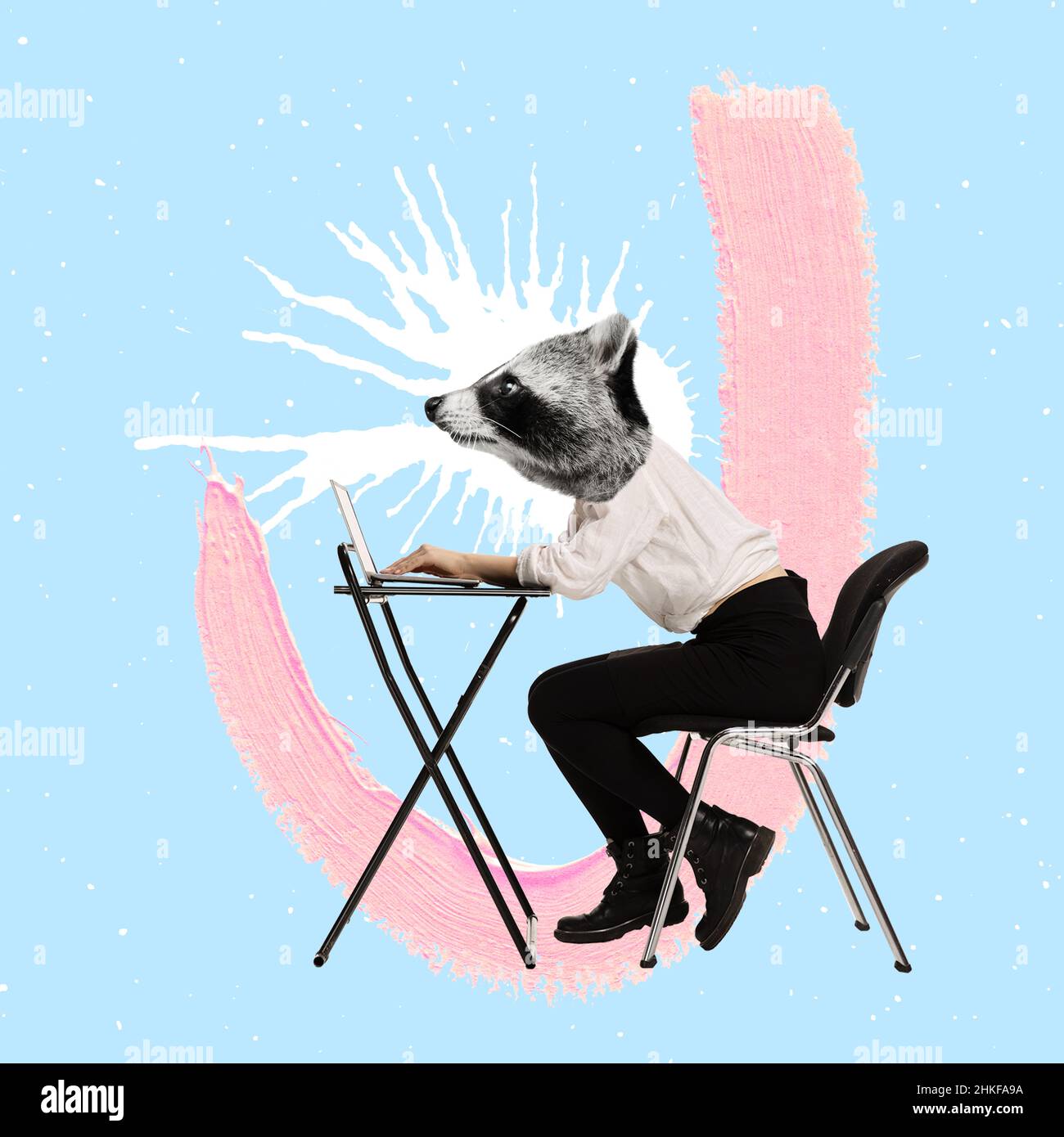 Creative design. Contemporary art collage. Young woman with raccoon ...