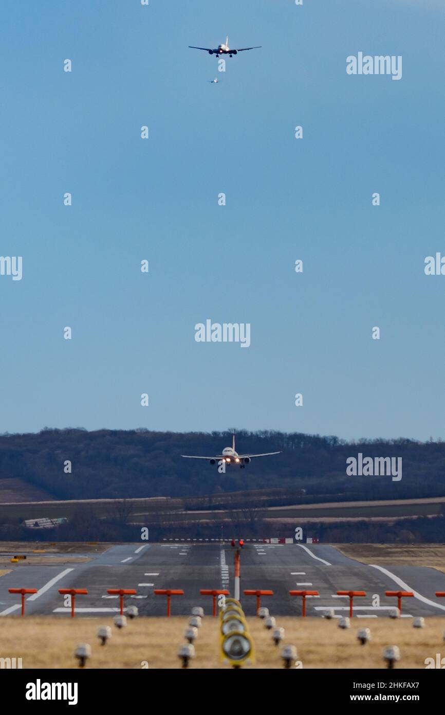 schwechat, austria, 02 feb 2022, aircrafts landing at vienna ...