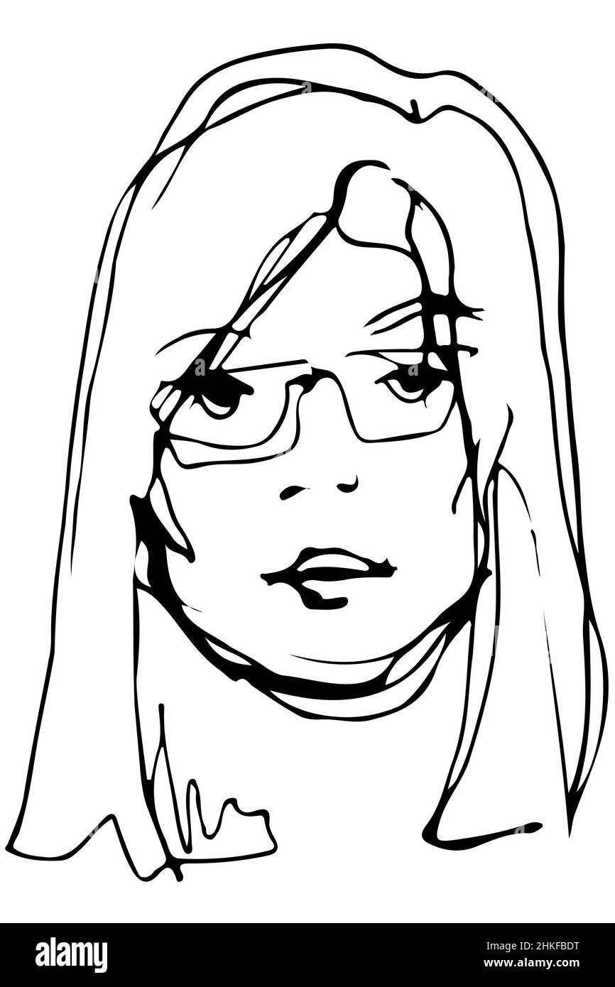 Black and white vector sketch of a young beautiful blonde girl with ...