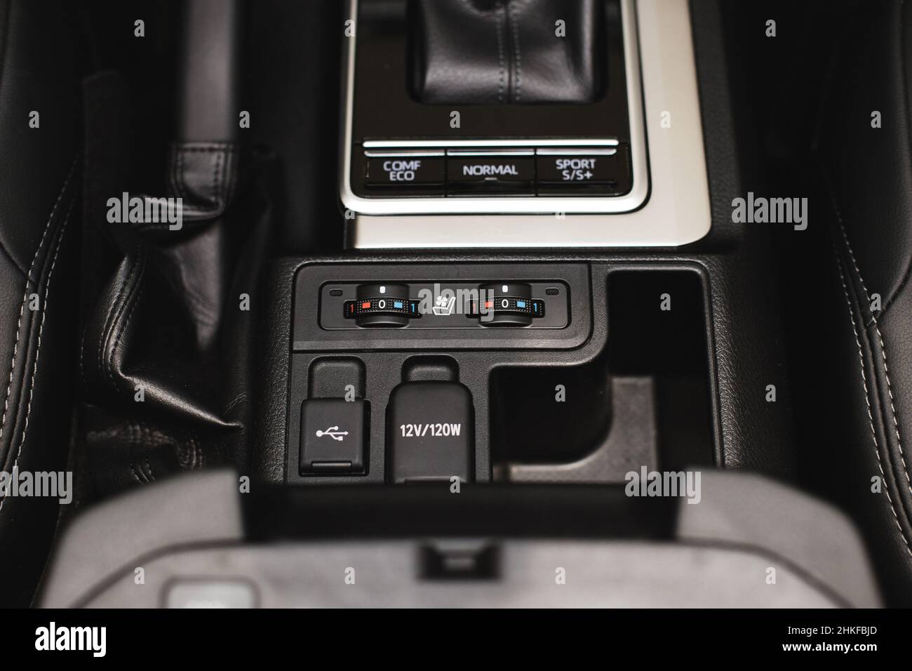 Detail of modern car interior, gear stick, automatic transmission in ...