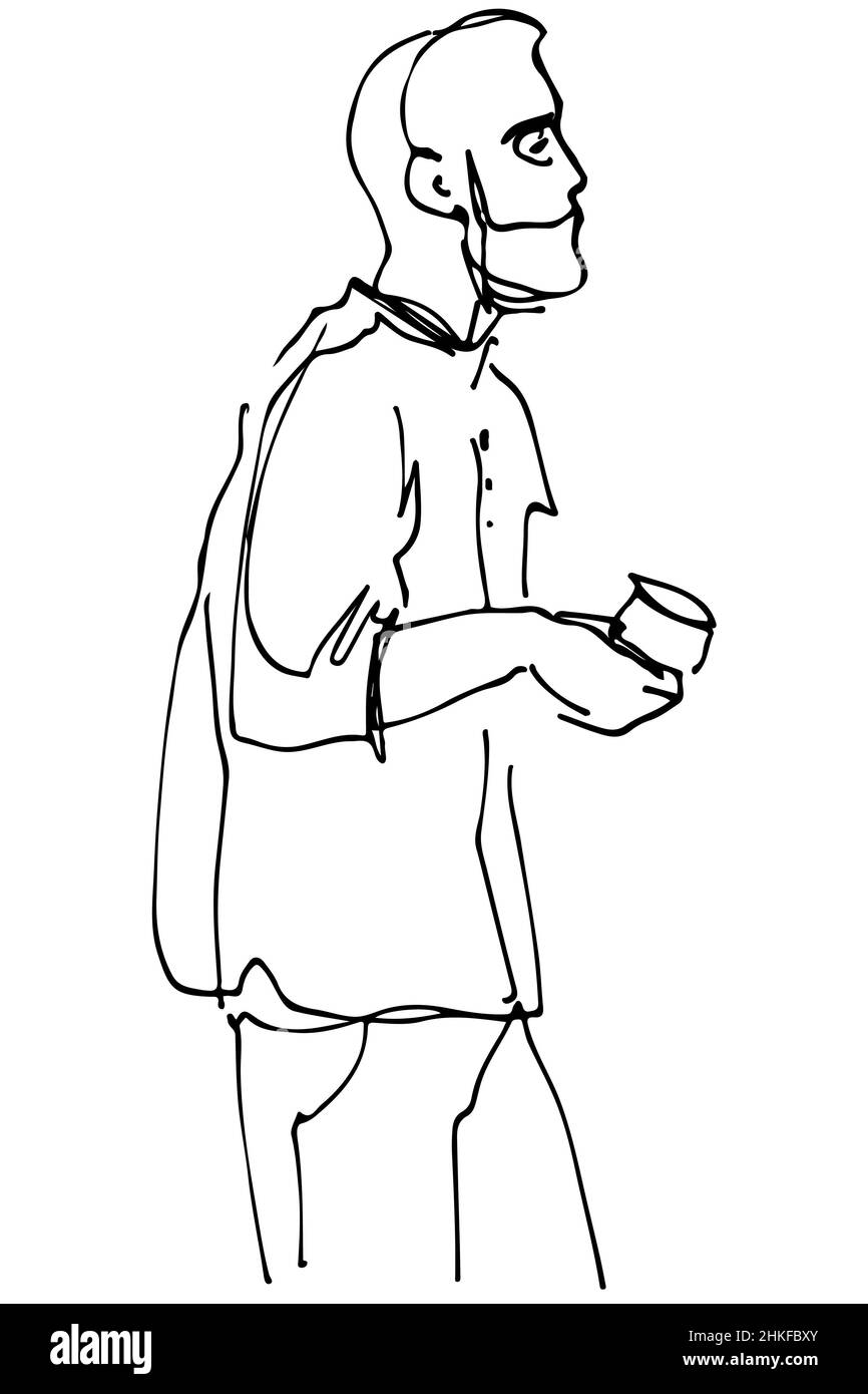 black and white vector sketch of a man with a beard drinking coffee ...