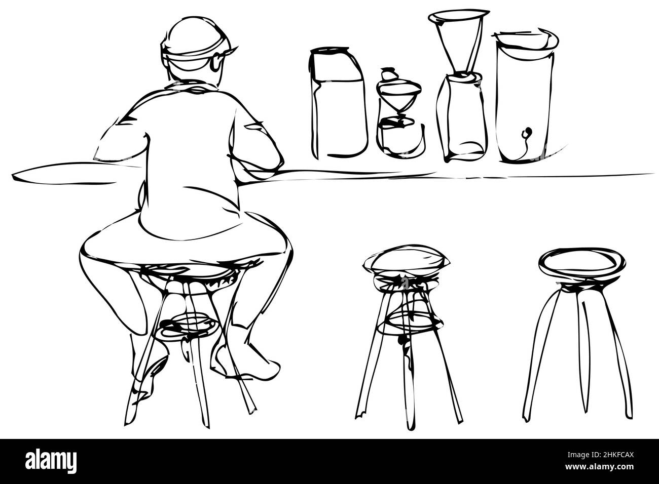 black and white vector sketch of a young man on a stool at the bar ...