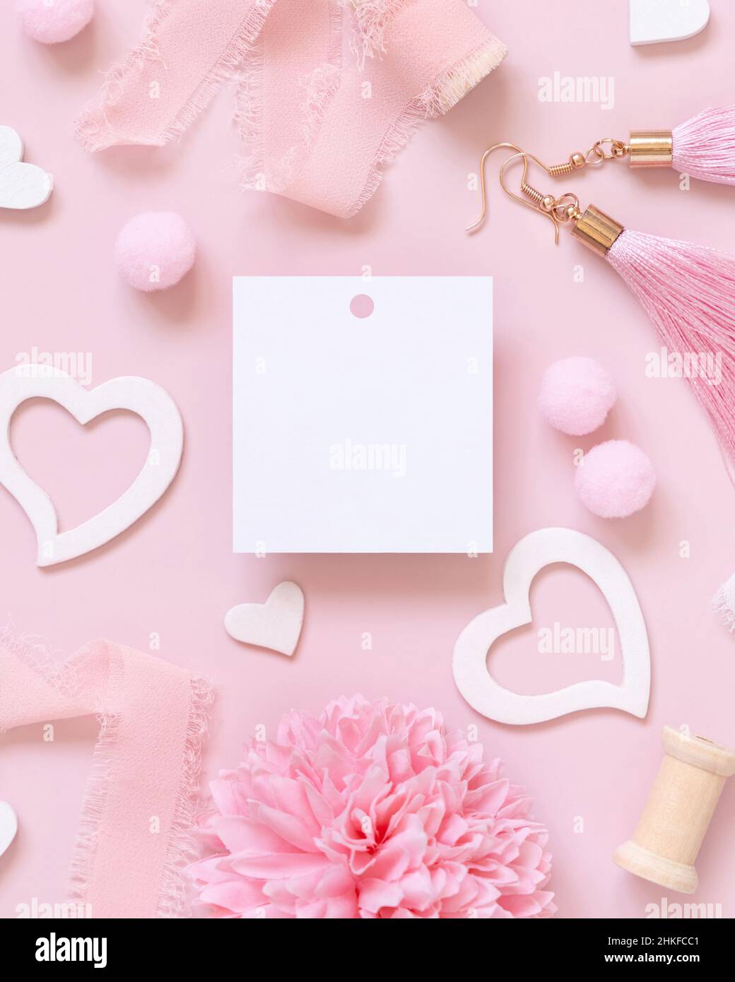 Blank square gift tag, hearts, flowers, silk ribbons and tassel ...