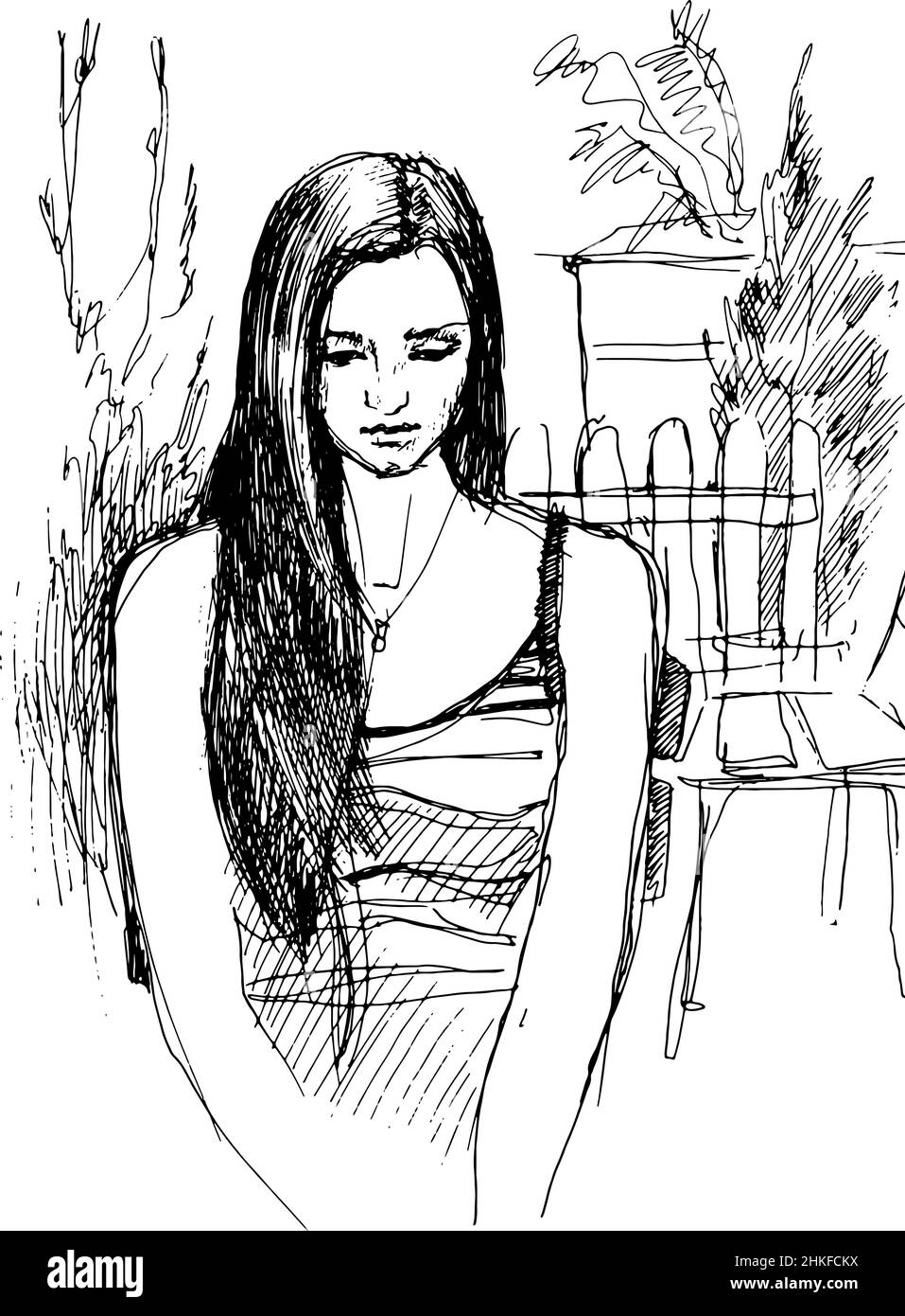 black-and-white-sketch-of-girl-walking-garden-stock-photo-alamy