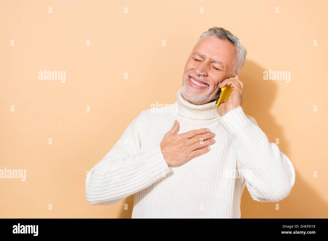 Portrait of attractive dreamy cheerful grey-haired man calling friend ...