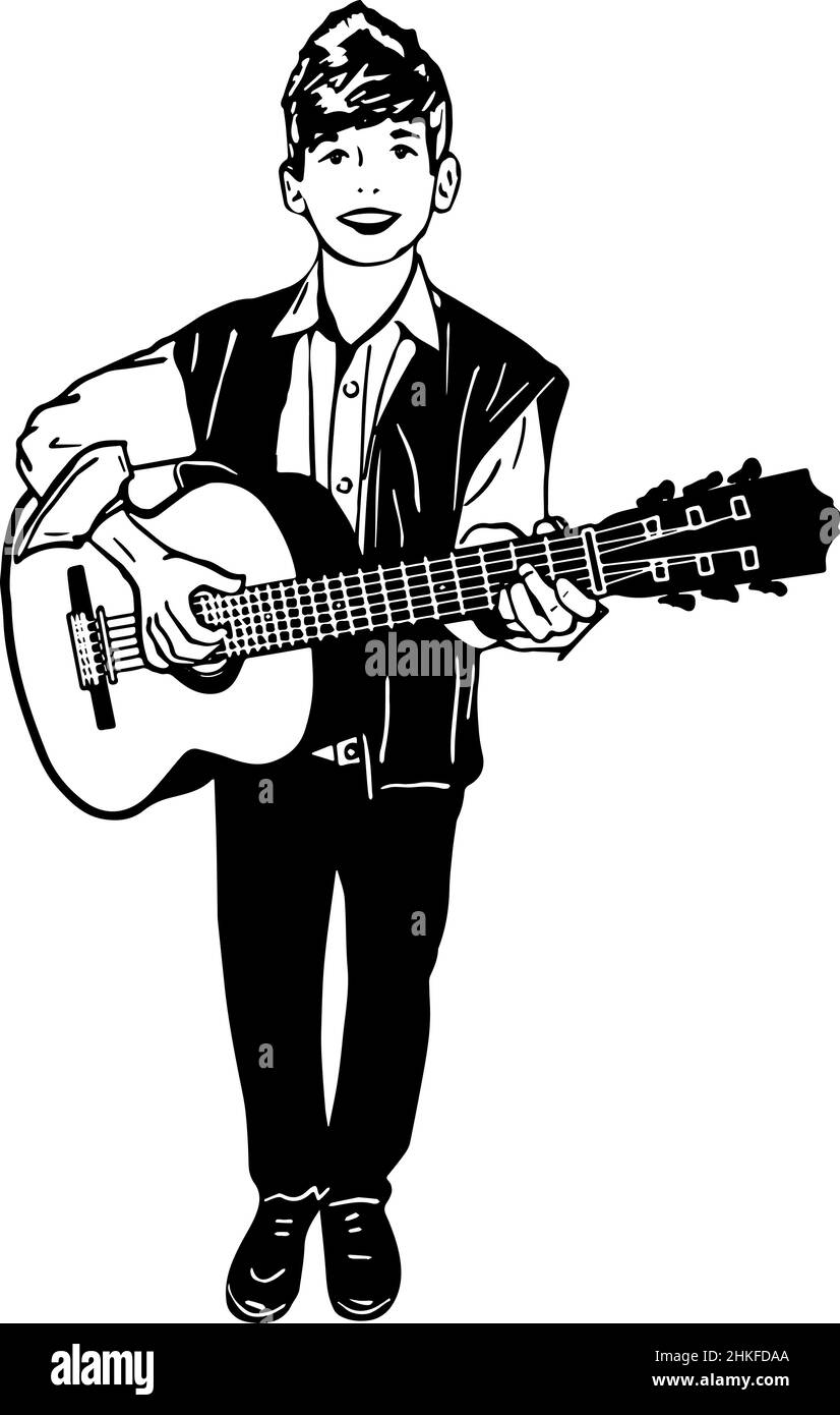 Kid Playing Guitar Black And White