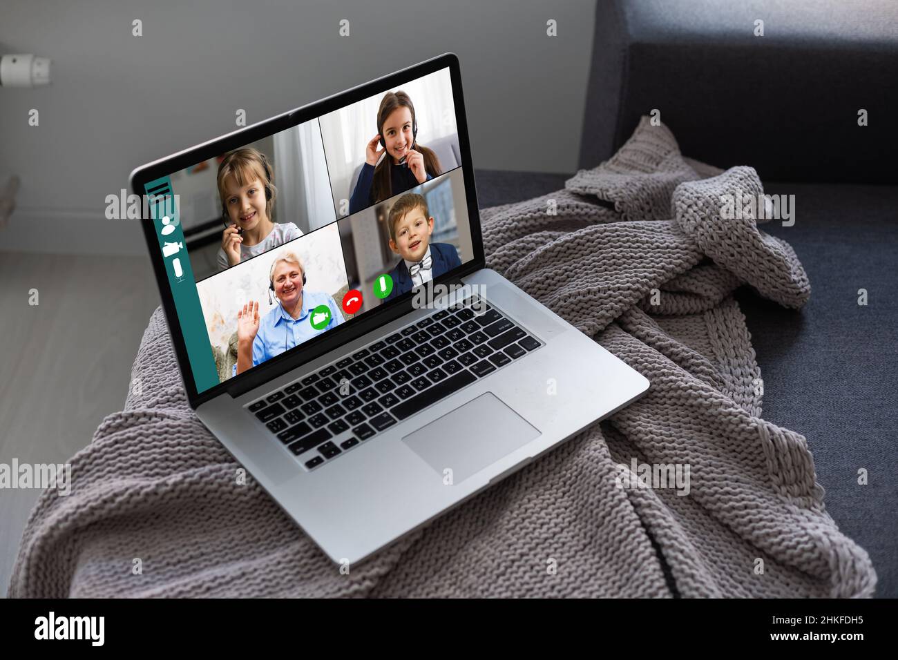 Teacher Hosting Online Class Using Video Conference On Laptop Stock ...