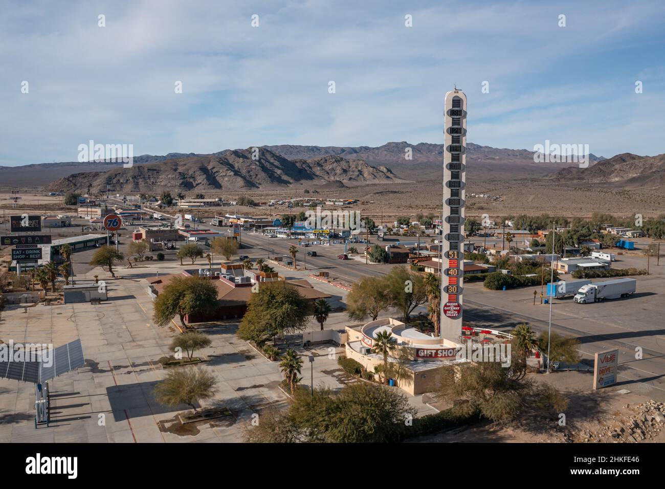 Aerial view of Baker, CA and the World's Tallest Thermomet Stock Photo ...