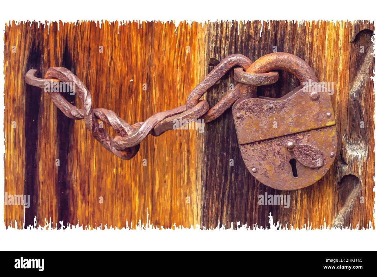 vector image of an old padlock with a chain on wooden doors Stock Photo ...