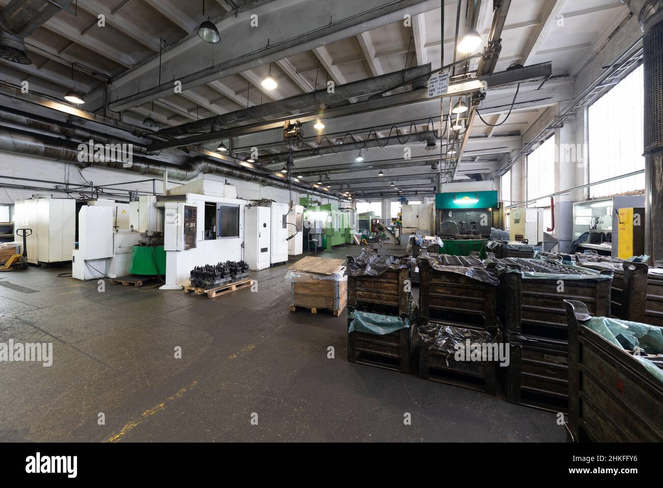 Modern automobile manufacturing plant. Factory with steel constructions ...