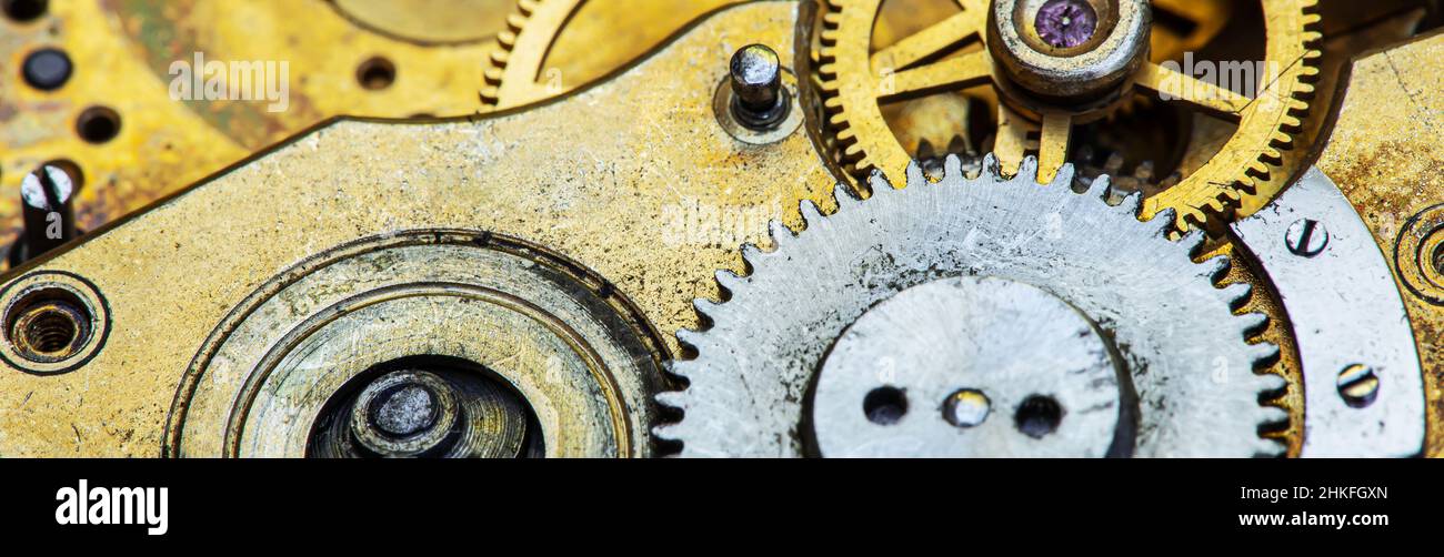 Business success and solution, gold vintage clockwork mechanism banner ...