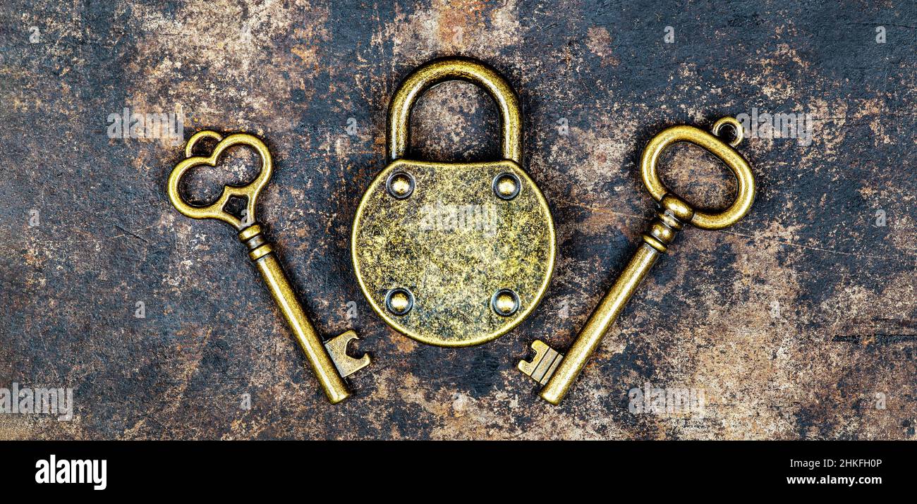 Access, security, privacy concept, vintage keys and padlock banner ...