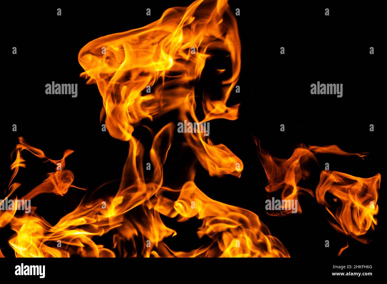 Fire flames on black background isolated. Burning gas or gasoline burns ...