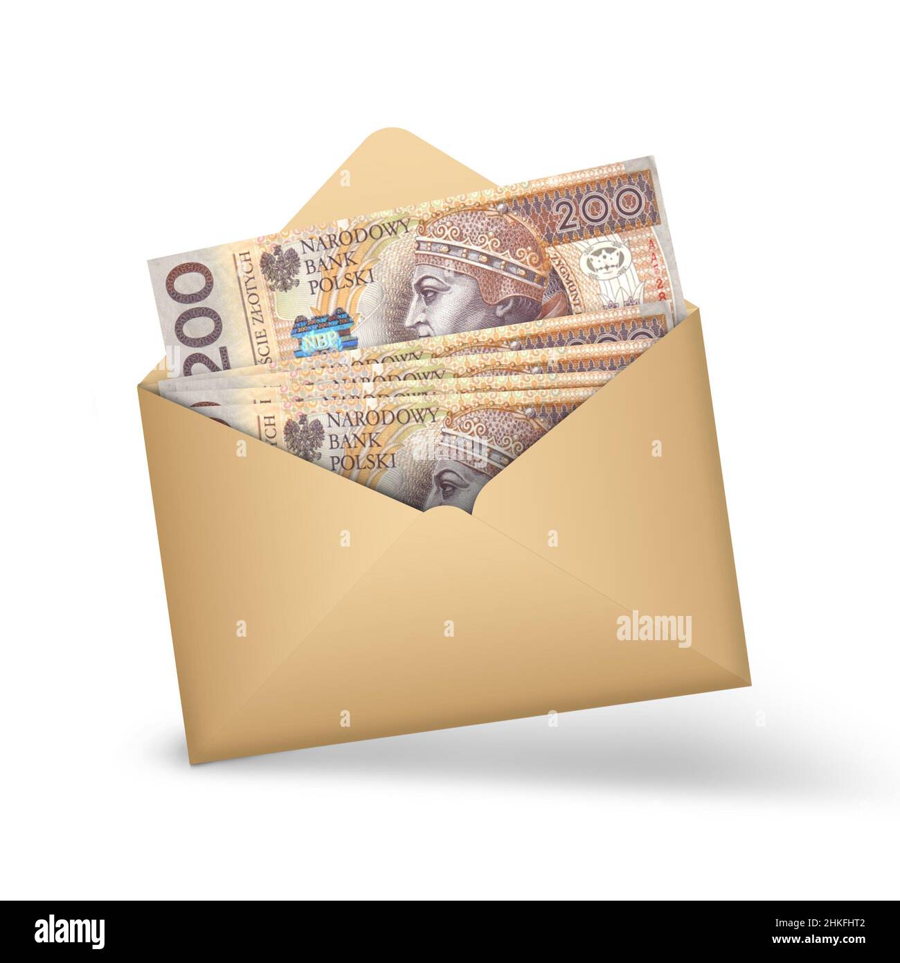 polish zloty notes inside an open brown envelope. 3D illustration of ...