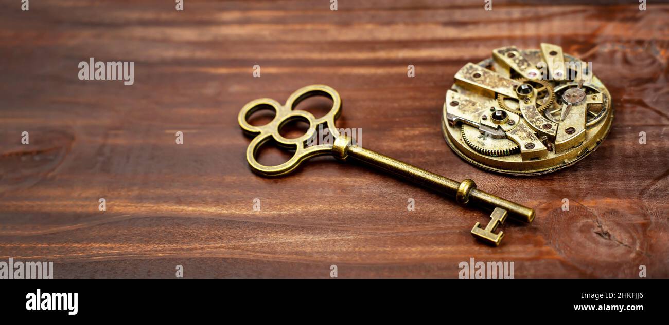 Escape room game banner, old gold vintage key with pocket watch Stock ...