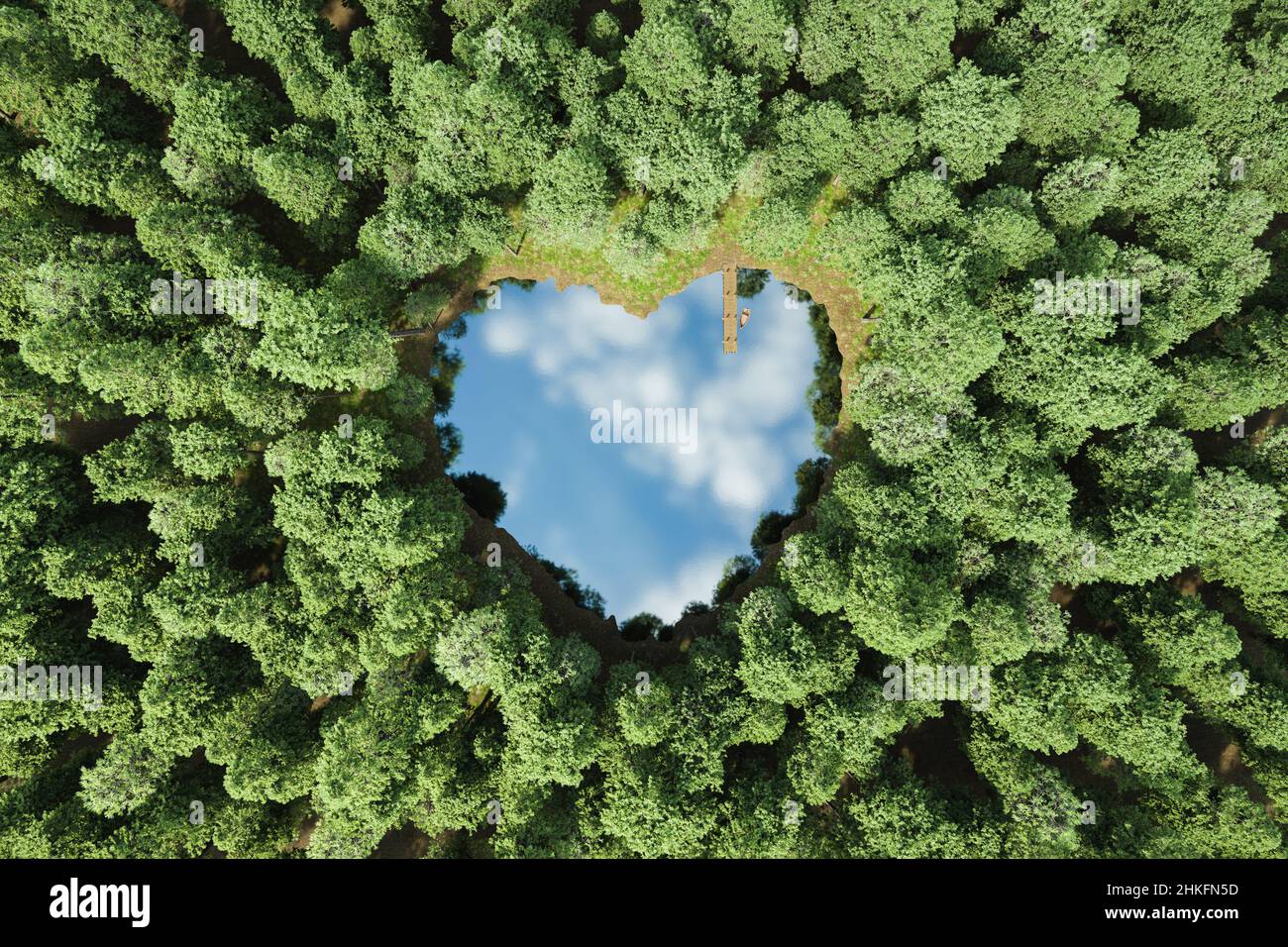 top view of a forest with a heart-shaped lake and pier with boat. 3d ...