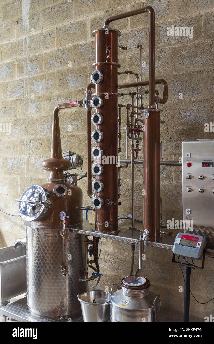 France, Morbihan, Sulniac, Gorvello distillery, Charentais column still ...
