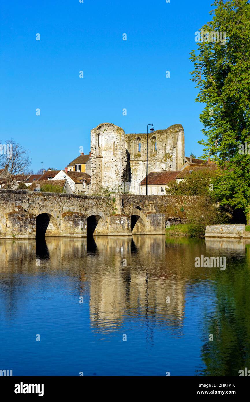 France, Seine et Marne, Grez sur Loing, Old stone bridge across the ...