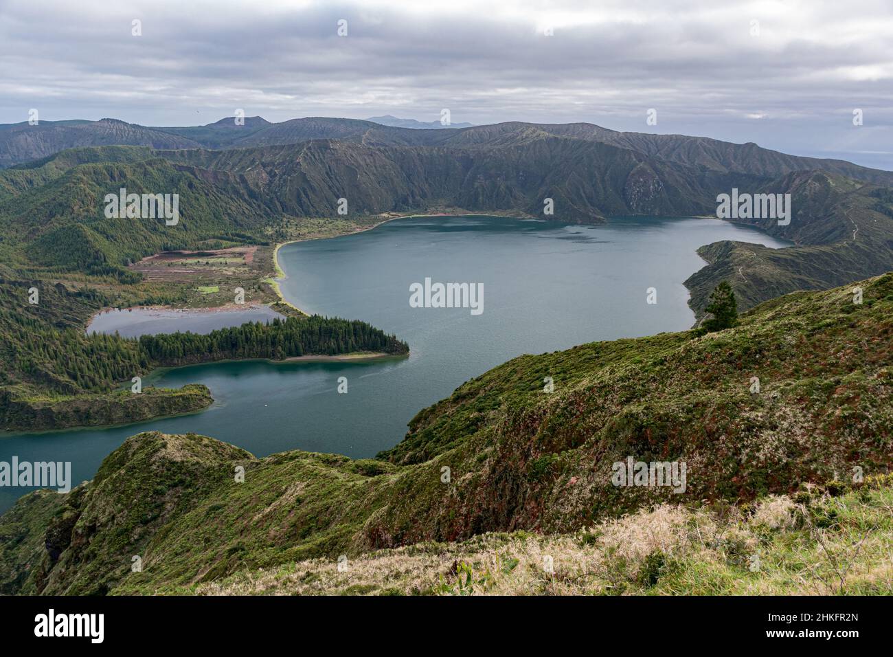Panoramic view of the Lagoa do Fogo in the volcanic caldera of the Agua ...