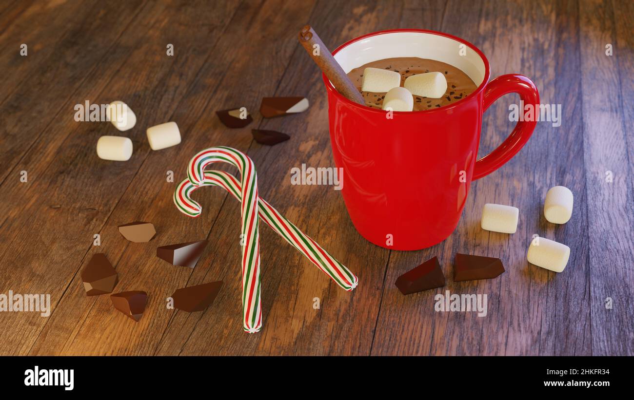 3d render. Hot cocoa with marshmallows, cinnamon and candy canes ...