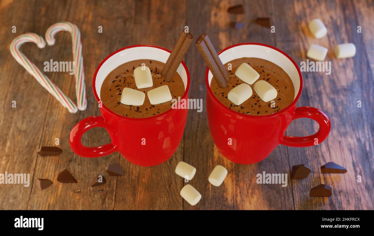 3d render. Hot cocoa with marshmallows, cinnamon and candy canes ...
