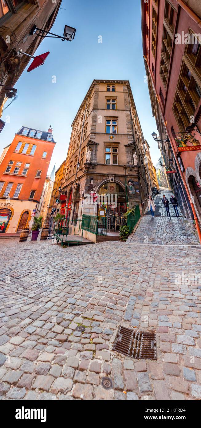 Lyon, France - January 25, 2022: Street view and buildings in the old ...